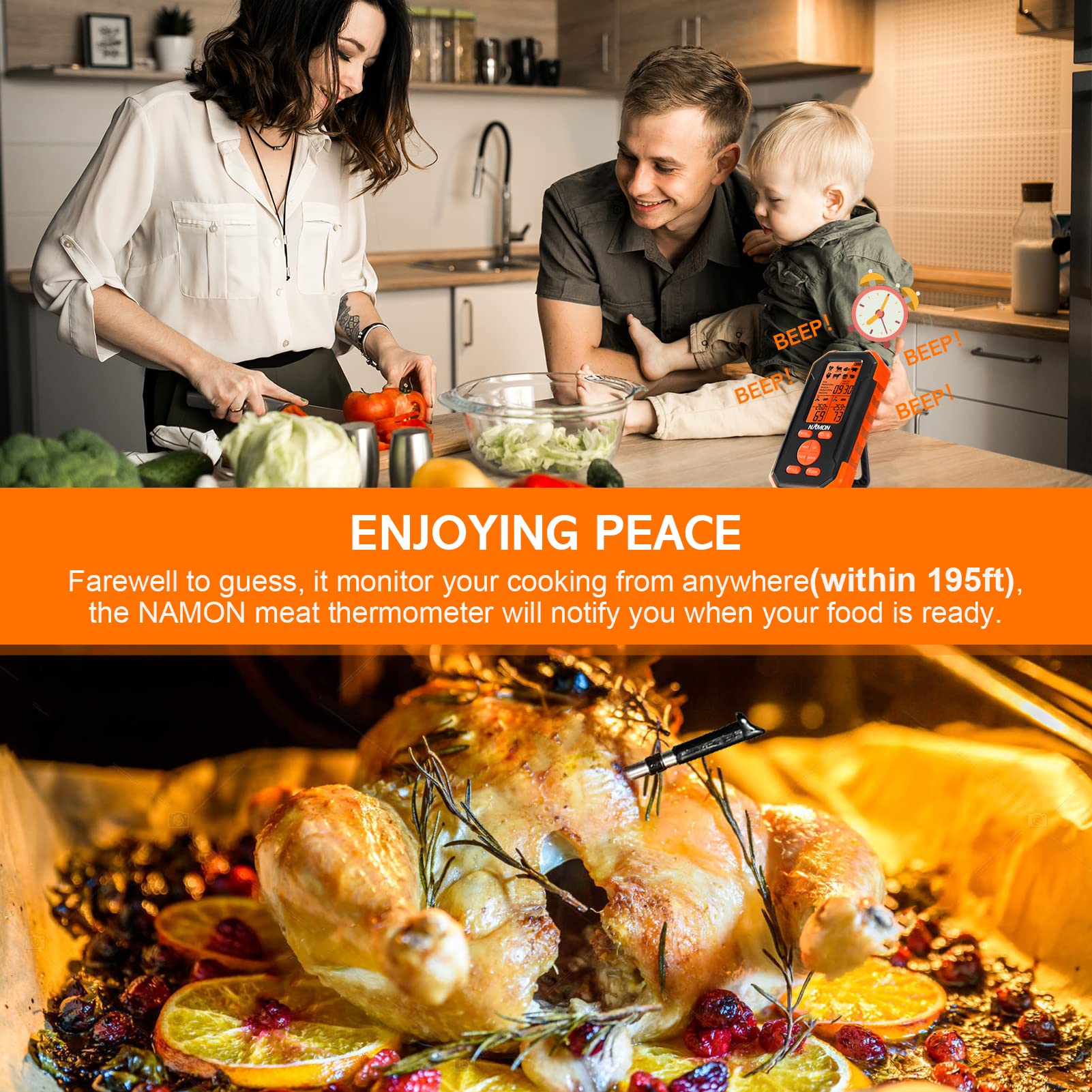 NAMON Wireless Meat Thermometer, Grill Thermometer with 2 Meat Probes, 195ft Wireless Range Digital Thermometer for Cooking, Food Thermometer with Smart Alert for Oven, Smoker, Rotisserie, BBQ