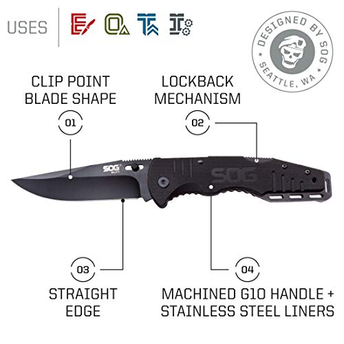 SOG Folding Pocket Knife β Salute Tactical Knife, EDC Knife, Tactical Folder Knife, Work Knife, 3.63 Inch Black Pocket Knife with Thumbstud (FF11-CP)