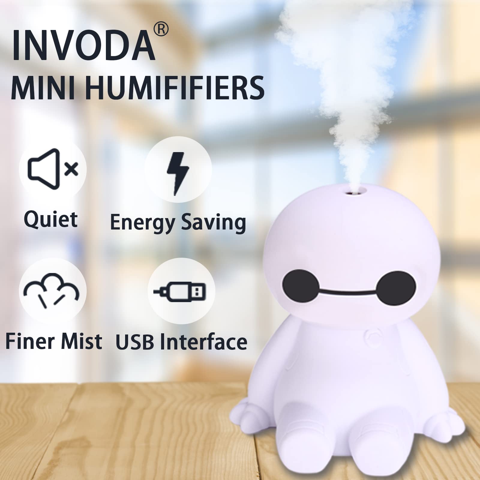 INVODA Humidifiers Portable Small Cool Mist Humidifiers Mini USB Personal Desktop Humidifiers for Travel, Car, Office Room, Bedroom (White)