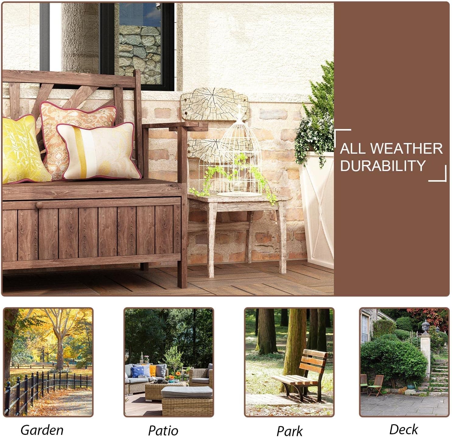 Timechee Outdoor Storage Bench Large Deck Box, 47.2" Patio Wooden Loveseat Benches, Garden Seating Furniture with Cup Holder & Storage Space for Tools for Deck, Porch & Balcony, Brown