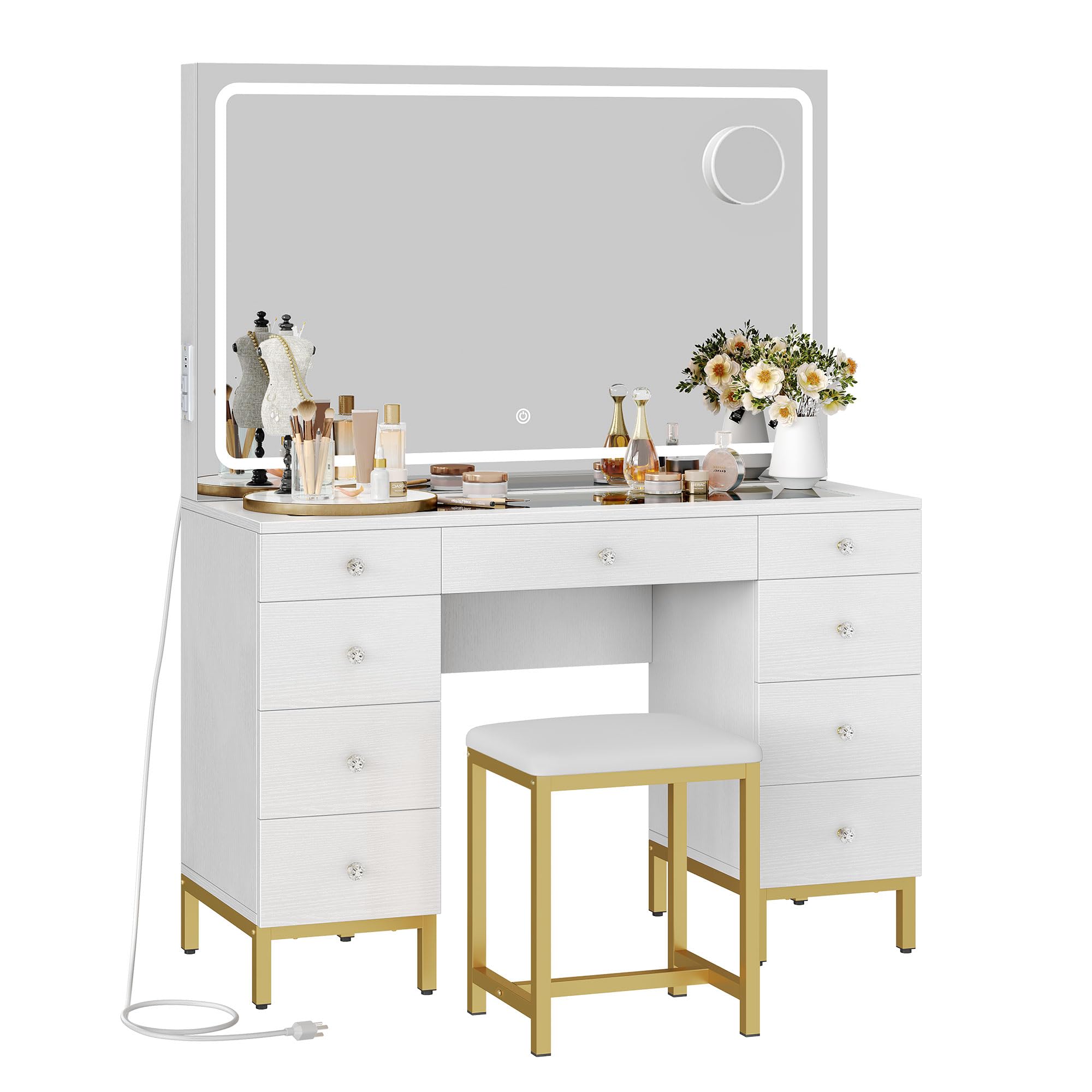 YITAHOME Vanity Desk Set, with XL LED Lighted Mirror Magnifying Glass & Power Outlet, 9 Drawers Makeup Vanities Dressing Table with Stool, White, 47 Inches