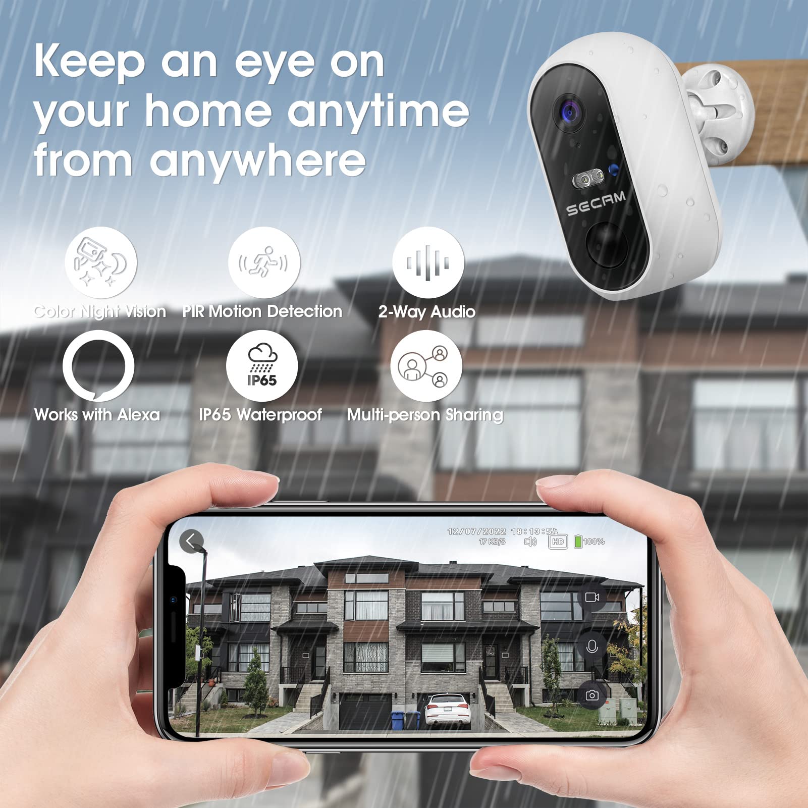Security Cameras Wireless Outdoor, Secam 9600 mAh Battery Powered Cameras for Home Security with Spotlight Siren Alarm, 1080P, AI Motion Detection, Color Night Vision, 2-Way Talk, Waterproof, SD/Cloud