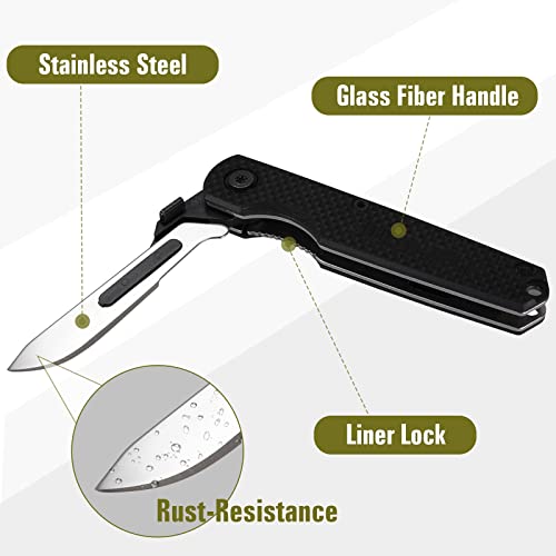 Swiss+Tech 3.5 Inch Replaceable Blade Hunting Knife, Folding Scalpel, With 5 Replacement Quick Change Blades and Container/Blades Changer, For Skinning, Peeling, Chippingā¦