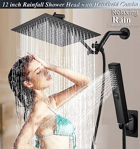 Shower Head Combo,12 Inch High Pressure Rain Shower Head with 13 Inch Adjustable Extension Arm and 2 in1 Settings Handheld,Powerful Shower Spray Against Low Pressure Water with Long Hose(Black)
