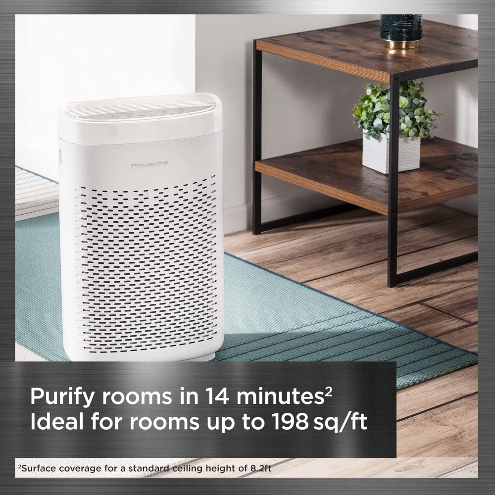 Rowenta Pure Air Essential Home Air Purifier with HEPA & Carbon Filtration removes 99.98% with 3-level filtration, CADR 128 sq/ft, White