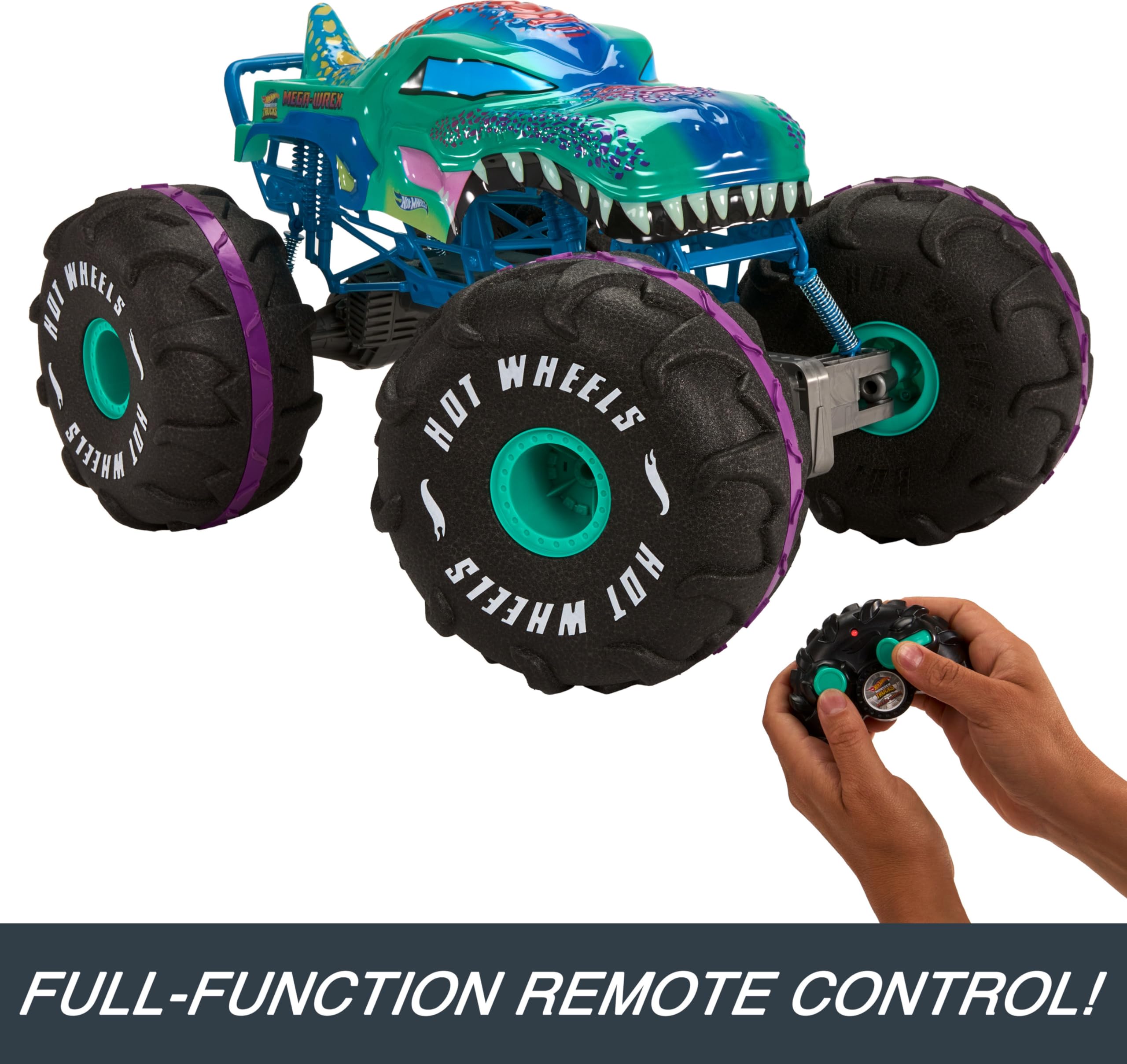 Hot Wheels Monster Trucks RC Toy, Large Remote-Control 1:6th Scale Mega-Wrex, All-Terrain Tires, 2ft+ Long