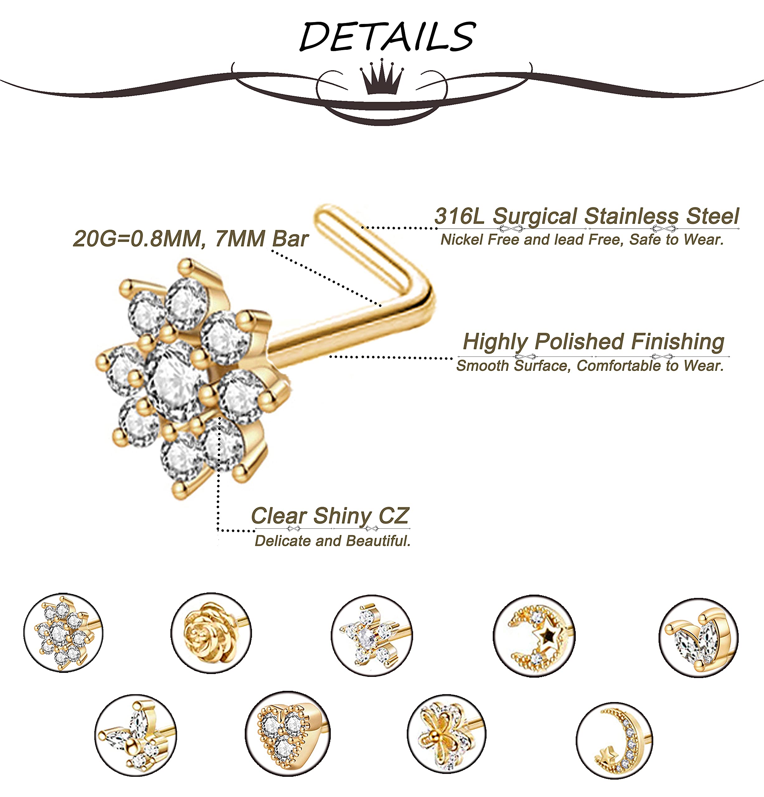 Masedy 9Pcs 20G Stainless Steel Nose Rings L Shaped Nose Studs Flower Screw Nose Rings for Women Men Nose Piercing Set LG