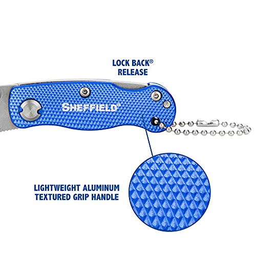 Sheffield 12116 Mini Ultimate Lock Back Utility Knife | Cut Boxes, Paper, Twine, etc. | Extra Quick-Change Blades Can Be Stored in Handle | Durable & Light Weight | Steel Blades, Aluminum Handle |Blue