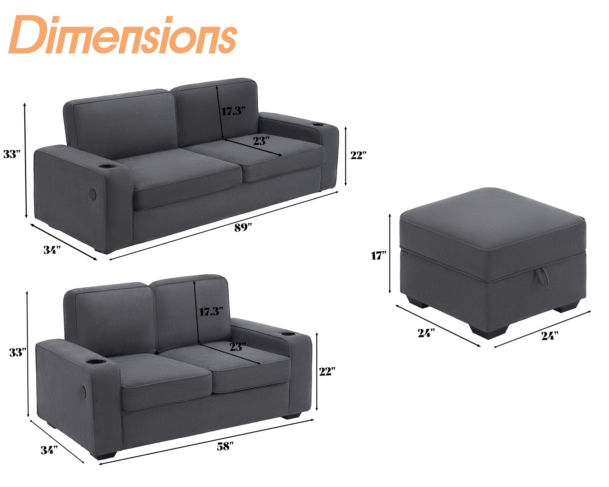 VanAcc Sofa, 2 Piece Set with Storage Ottoman, Modern Couches with Cup Holders & USB Charging Ports, 3 Seater Sofa and Loveseat- Charcoal Grey Chenille Couches for Living Room