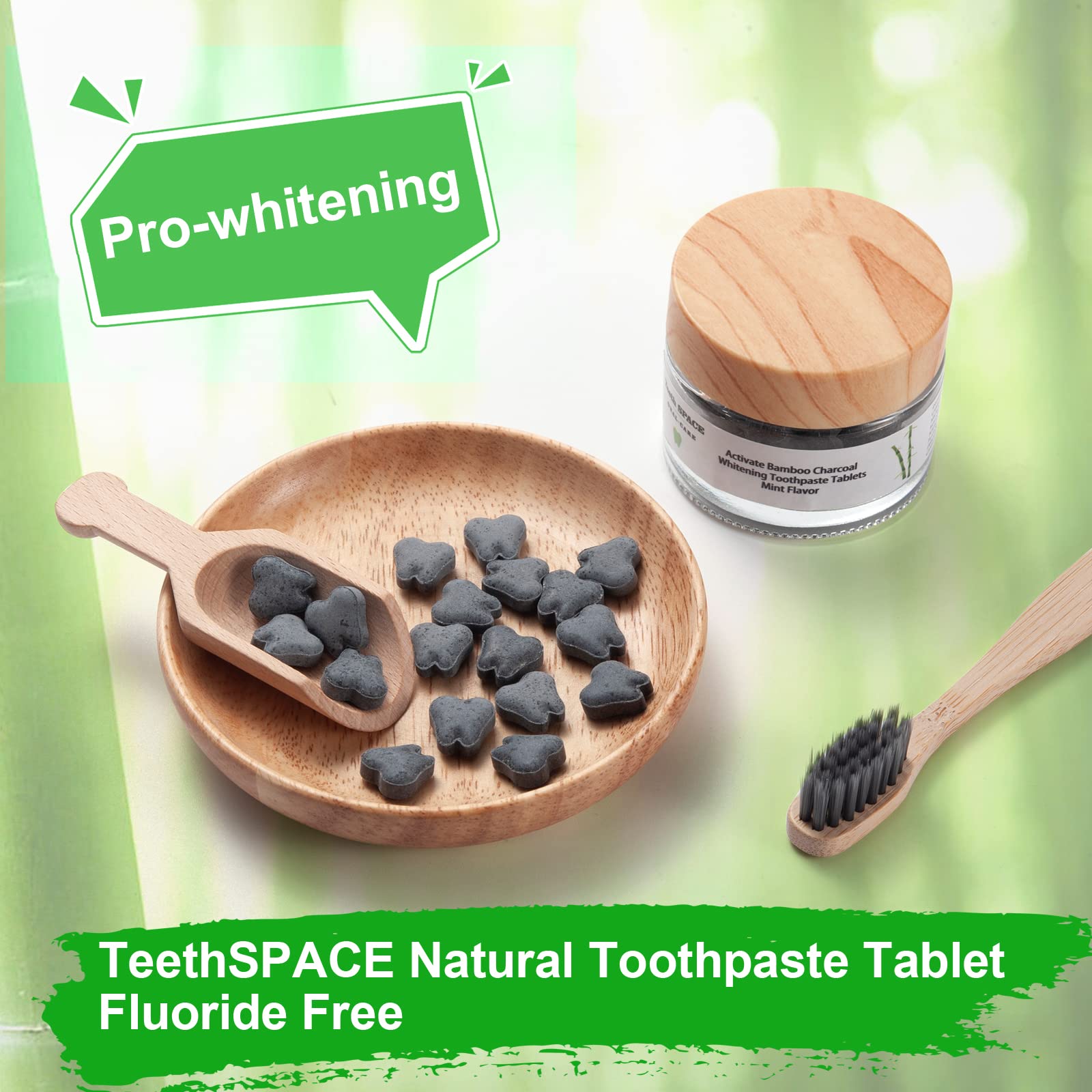 TeethSPACE Activated Bamboo Charcoal Toothpaste Tablets, 55 Mega Size Chewable Tabs, Natural and Eco-Friendly, Flouride Free, Teeth Cleaning and Whitening Solution, Travel Mouthwash Tablets