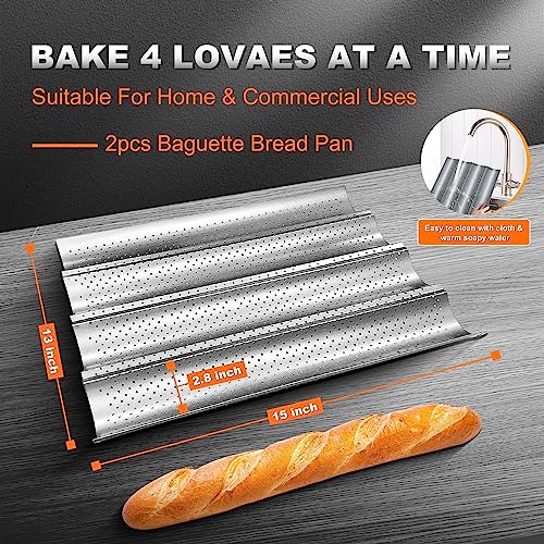 WALFOS 2PCS French Baguette Bread Pan ,with Professional Proofing Cloth, 15"X 13" Non-stick french bread pan, 4 Wave Loaves Loaf baguette pan for baking Toast Perforated Bakers Molding