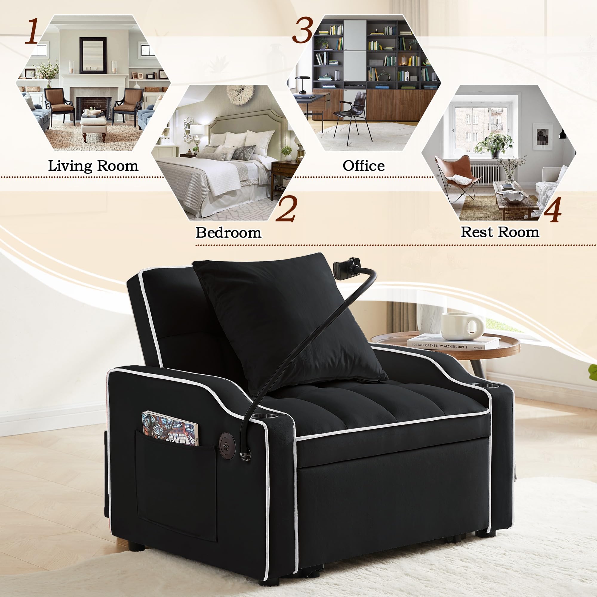 YASHFU 3 in 1 Sleeper Sofa Couch Bed, Velvet Convertible Loveseat Sleeper Sofa with USB Port and Ashtray & Swivel Phone Stand, Storage Pockets, Pull Out Loveseat Sleeper for Living Room(Grey)