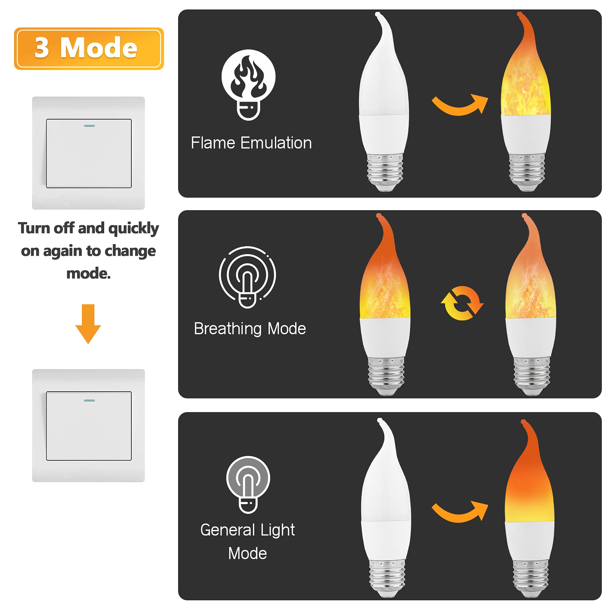 Kitmose 6 Pack LED Flame Effect Light Bulbs,3 Modes LED Candelabra Flickering Flame Light Bulb E26/E27,5W Candle Flame Tip Chandelier fire Light Bulb for Halloween Christmas Party Decor