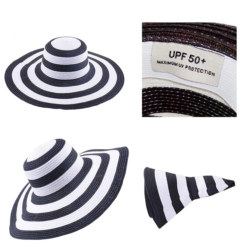 Itopfox Womens Beachwear Sun Hat Striped Straw Hat Floppy Big Brim Hat Black,One Size(22inch-22.8inch Circumference)
