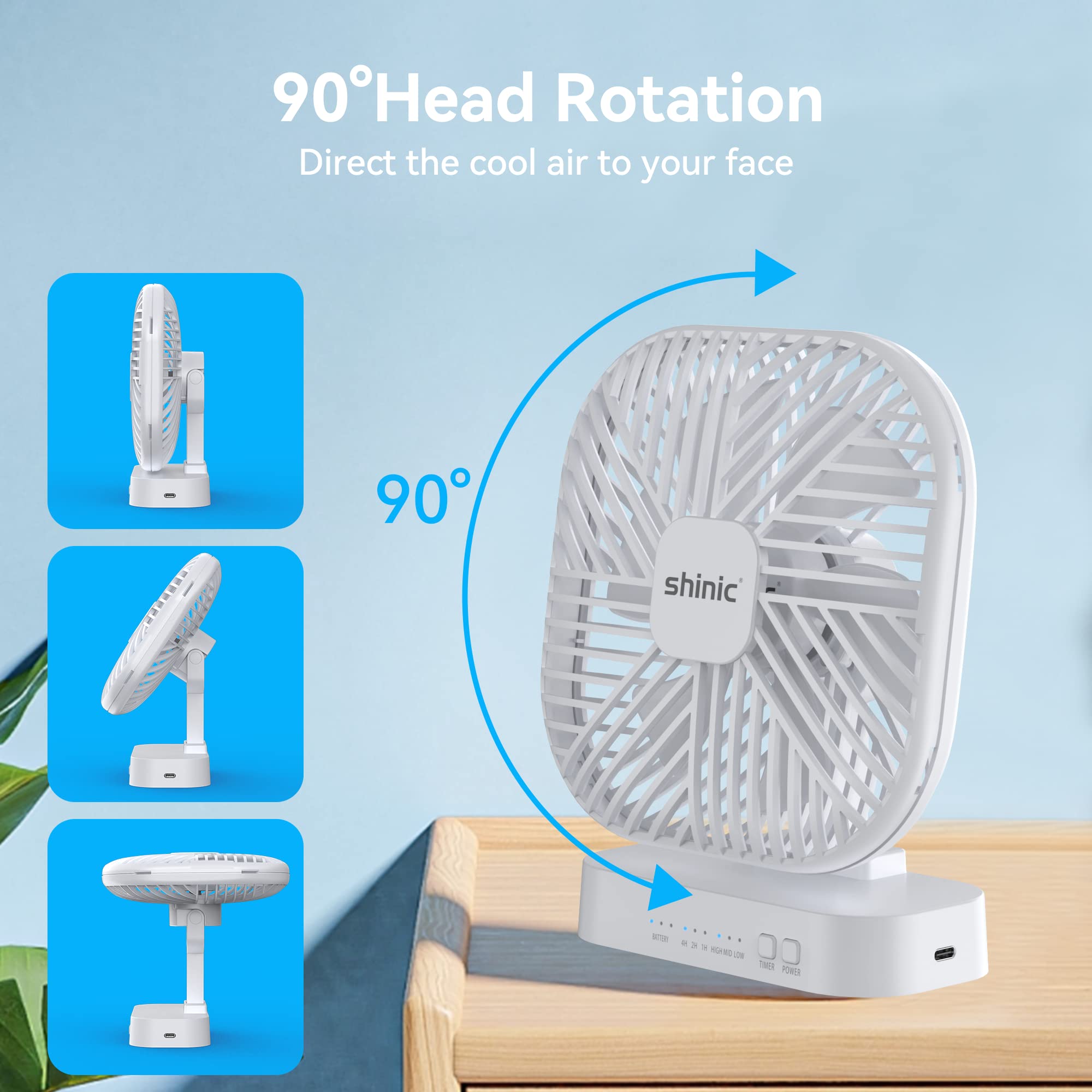 shinic 5 Inch Desk Fan AA Battery Operated, Table Fan with Timer, 6-Blade Design, 3 Speeds, Extra Quiet, Adjustable Angle,Small Table Fan for Bedroom, Outdoor Office Desk (without Batteries) White