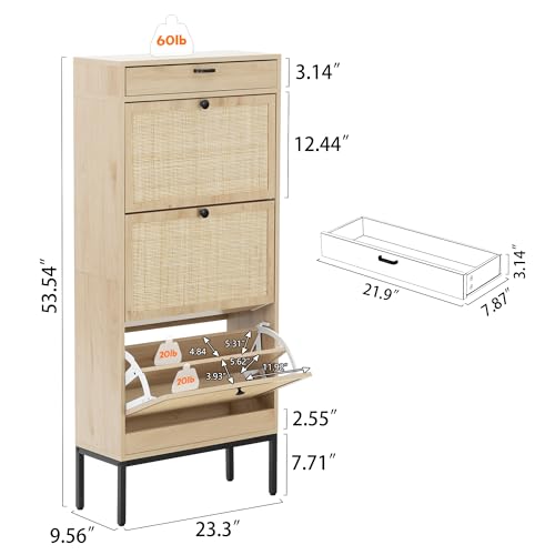 XIAO WEI Shoe Cabinet, Natural Rectangular Handmade Rattan Shoe Storage Organizer Cabinet with 3 Flip Drawers, Freestanding Shoe Rack with Adjustable Shelf for Entryway