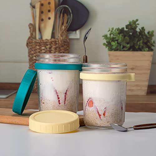 Wdcme 3 Pack Glass Mason Overnight Oats Jars with Airtight Lids and Spoons,12 oz Reusable Overnight Oats Containers with Measurement Marks (Green-Yellow-Grey)