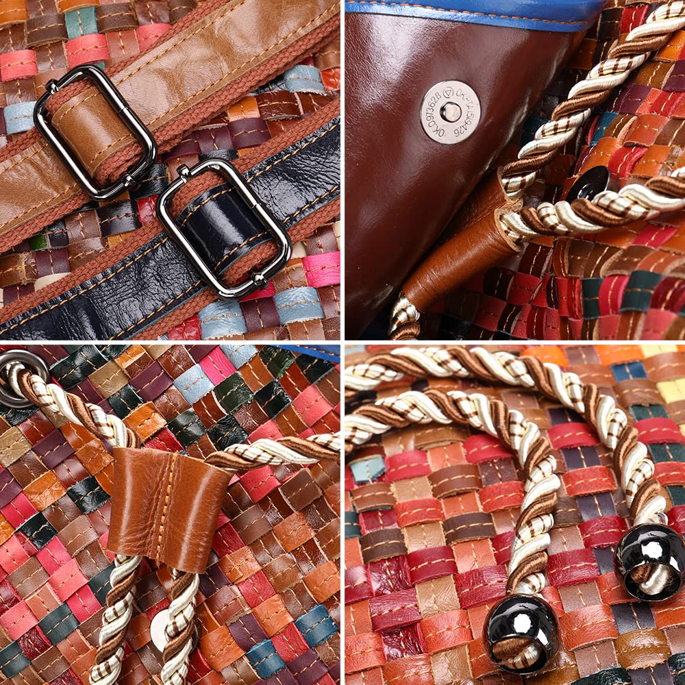 MASIWEI Genuine Leather Patchwork Backpack Purse for Women Multicolor Cute Large Capacity Bookbag with Drawstring Design