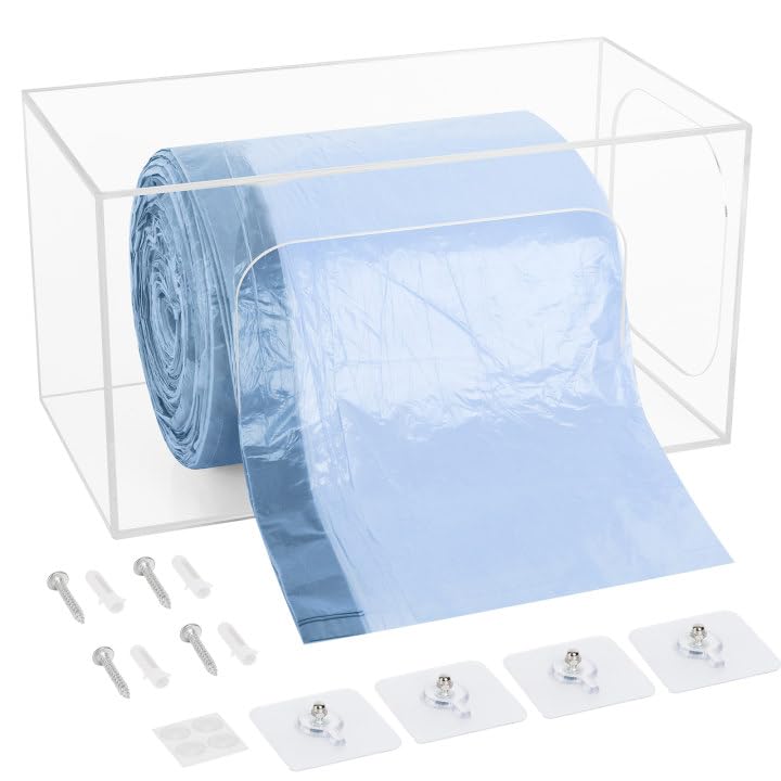 Trash Bag Holder Dispenser, Acrylic Trash Bag Dispenser Roll Holder, Adhesive Wall Mount Garbage Grocery Bag Dispenser Organizer for Kitchen, Cabinet, Under Sink with 4 Strong Stickers Screws