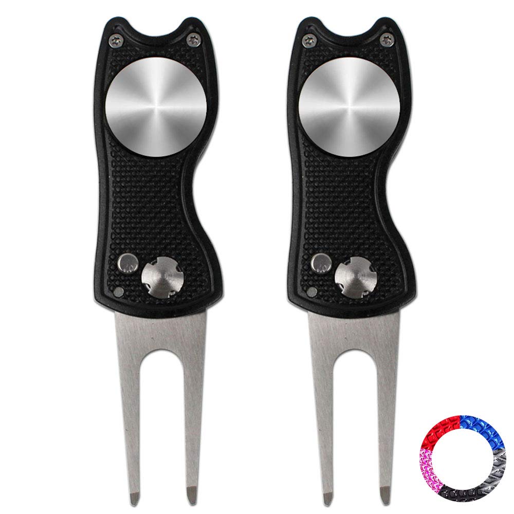 kaveno Golf Divot Repair Tool, Foldable Pop-up Button Stainless Steel Switchblade & Detachable Golf Ball Marker (Lime Green Fish 1 SET)