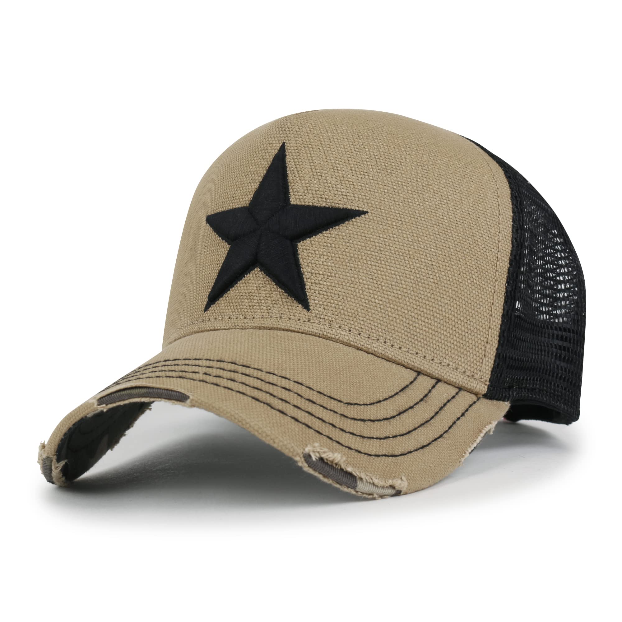 ililily Star Embroidery Black White Trucker Hat Cotton Baseball Cap, White, Medium