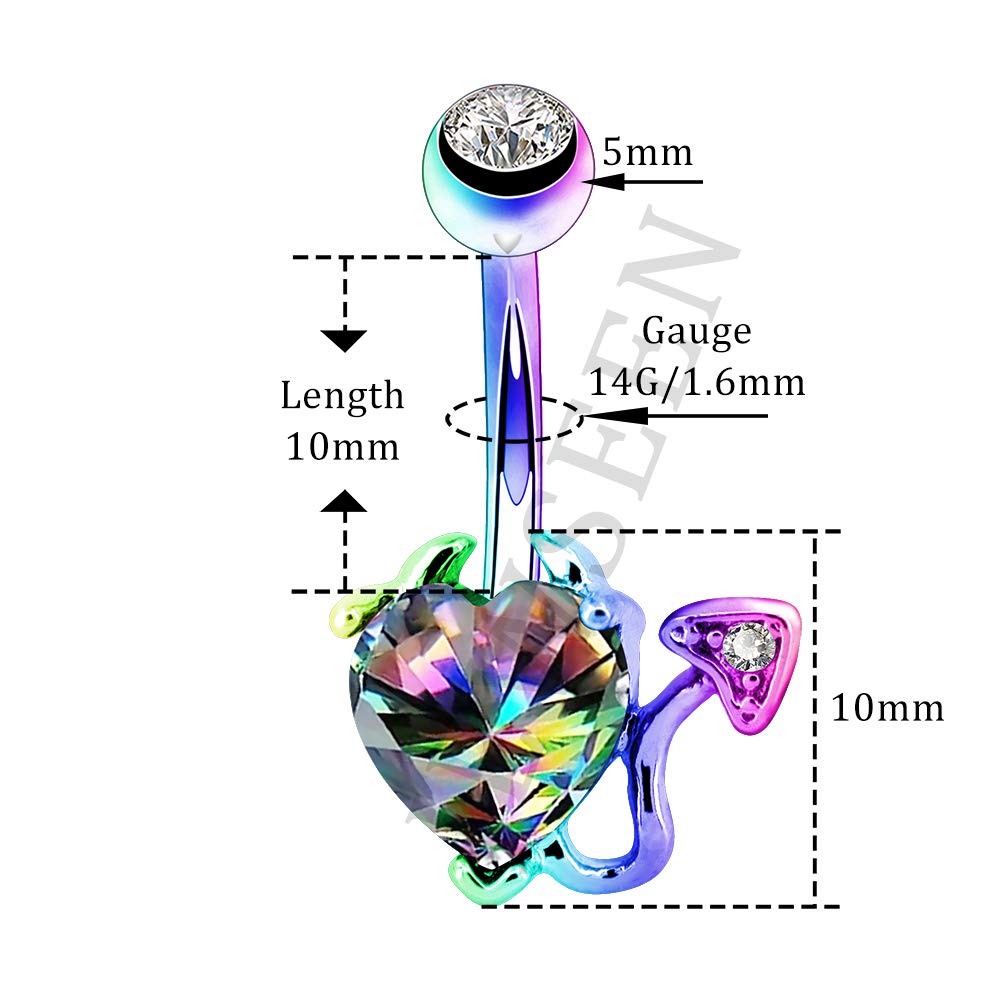 Jewseen Devil Heart Belly Button Rings 14G Surgical Steel Navel Barbells Iridescent CZ Body Piercing