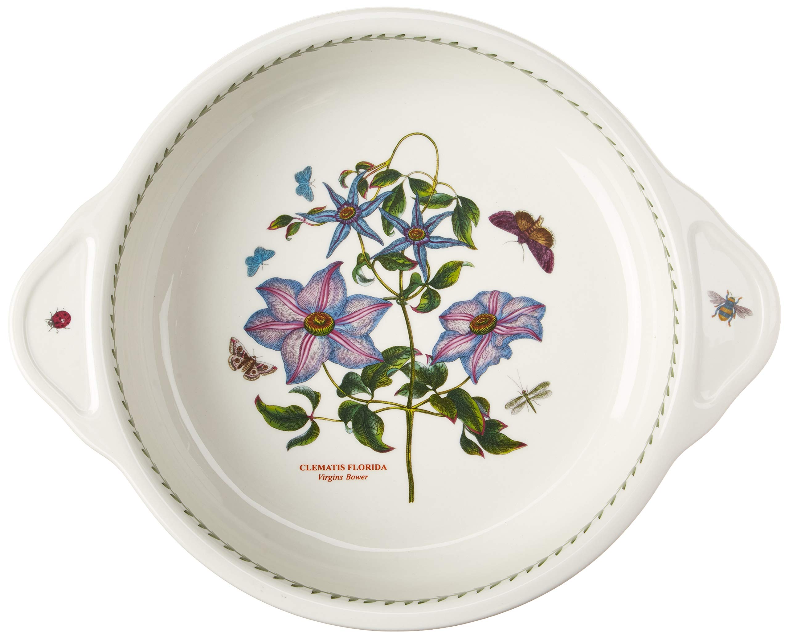 Portmeirion Botanic Garden Round Baking Dish with Handles | 10 Inch Baking Dish with Clematis Motif | Made from Porcelain | Dishwasher and Microwave Safe
