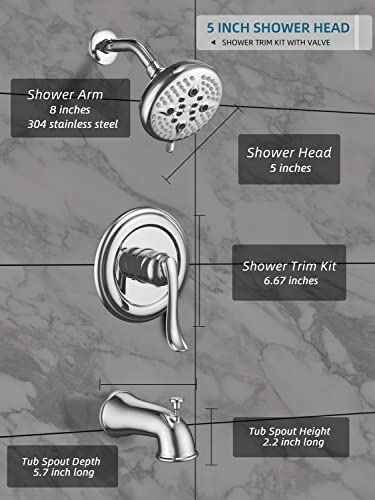 Shower System with Tub Spout, Bathroom Rain Mixer Shower Combo Set, Single Handle Shower Faucet with Valve, Chrome