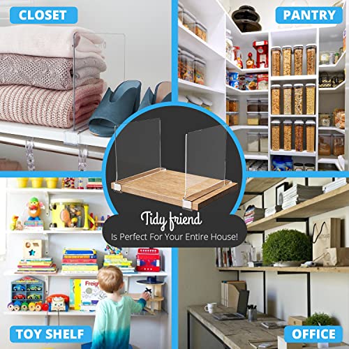 Tidy Friend Clear Acrylic Shelf Dividers for Closet Organization - Durable Closet Shelf Divider, Book Shelf or Pantry Shelf Divider for Wood Shelves - Pack of 4 Space Saving Shelf Organizers