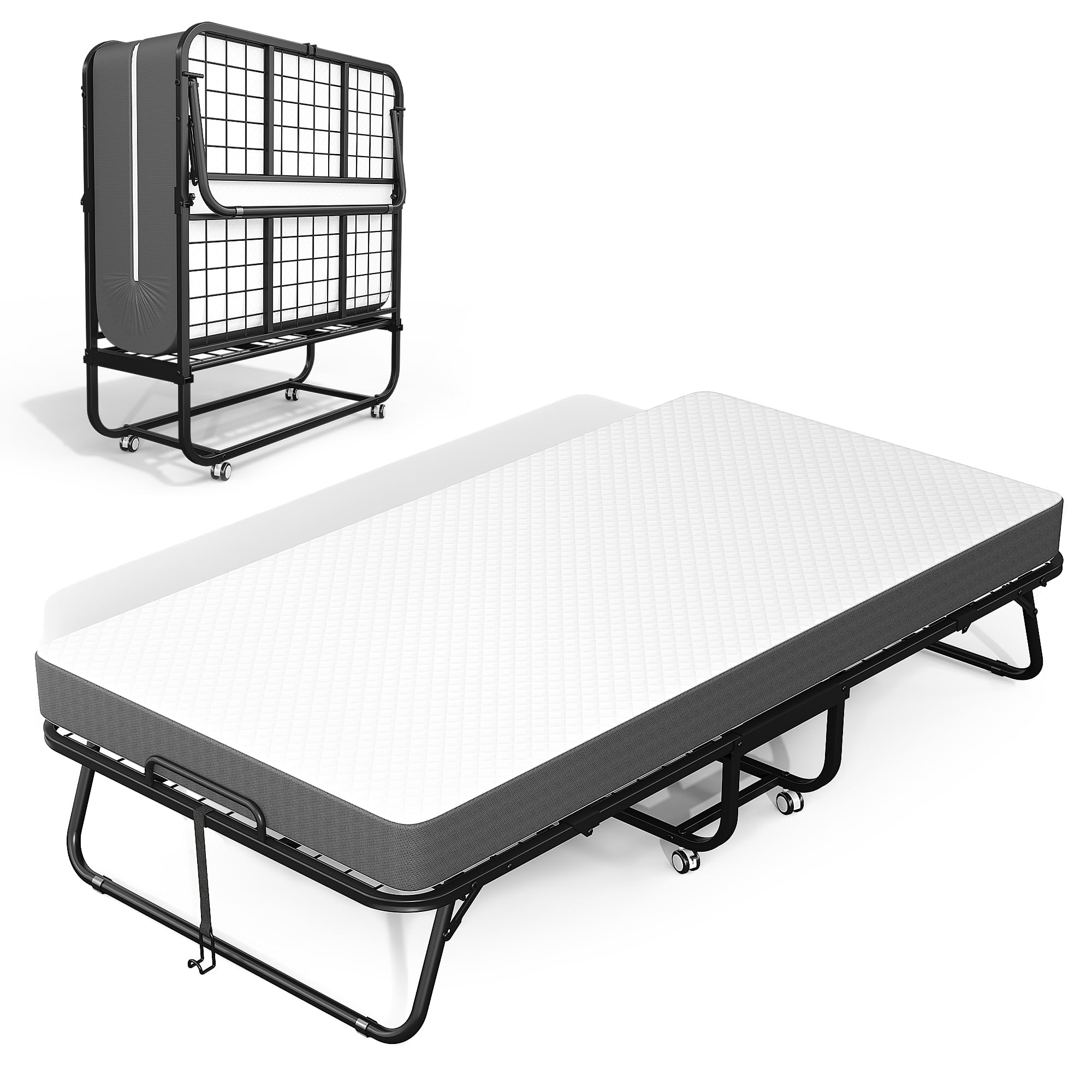 SPERTIKC Folding Bed with 5â Mattress, 75" x 38" Twin Folding Bed for Adults, Portable Foldable Twin Bed, Fold up Guest Bed with Study Metal Frame on Wheels, Space Saving