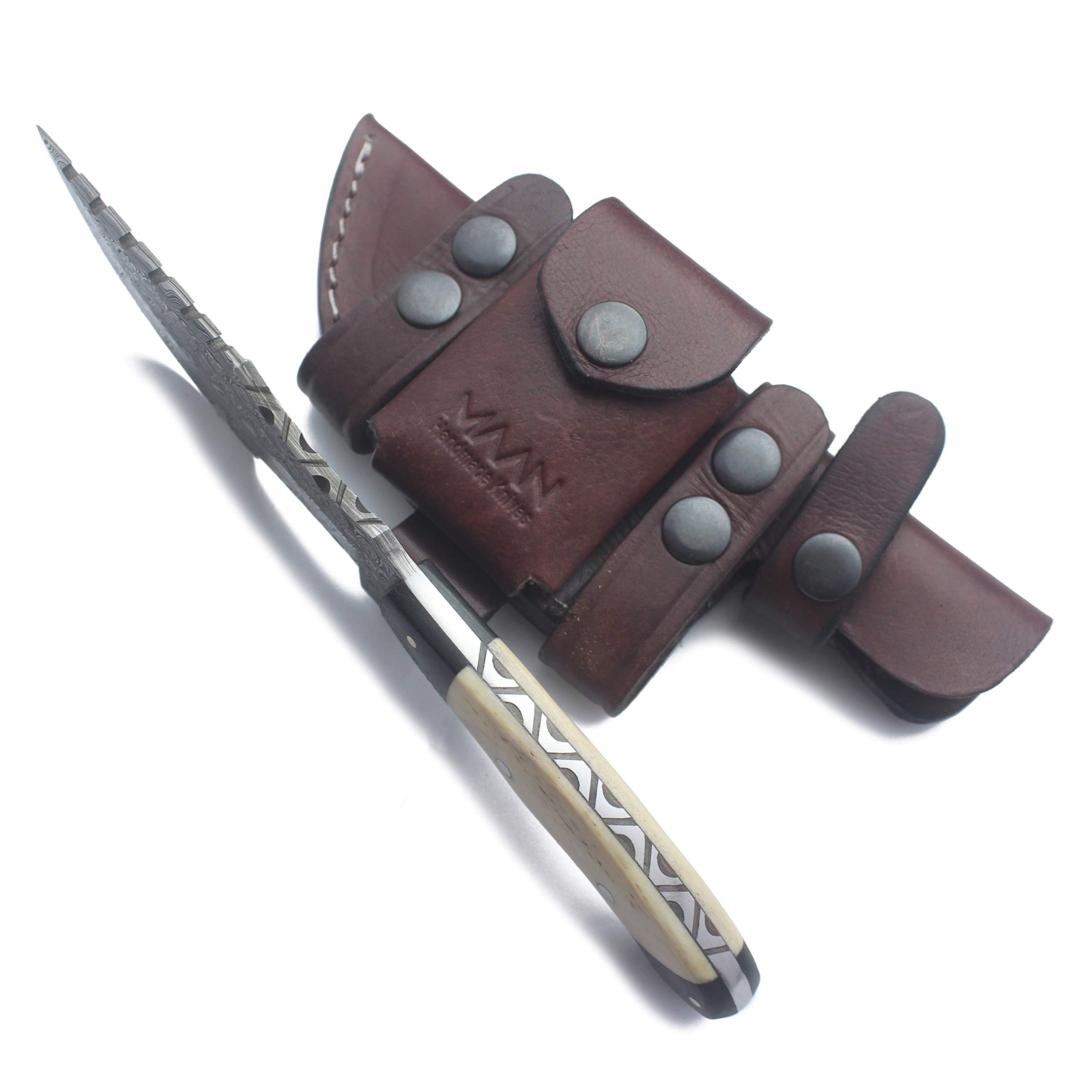 MAAN Handmade Damascus Tracker Knife Survival, Hunting, Tactical and Camping - Damascus Steel Tracker Knife - Right Hand Scout Carry Leather Sheath MNK 295 (Bone Handle)
