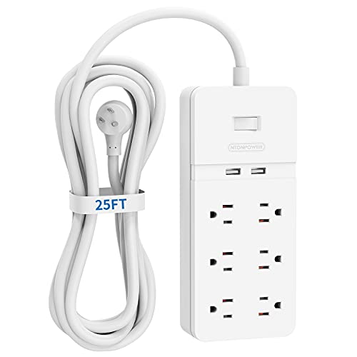 NTONPOWER 25 Ft Extension Cord Flat Plug, Surge Protector Power Strip with 6 Outlets 2 USB, 1875W/15A Circuit Breaker Overload Protection, 1080J, ETL Listed, Wall Mount for Home Office and Workbench