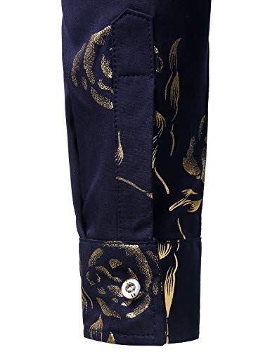 ZEROYAA Men's 3D Golden Rose Printed Slim Fit Long Sleeve Button Down Floral Dress Shirts ZZCL30 Navy Blue Small