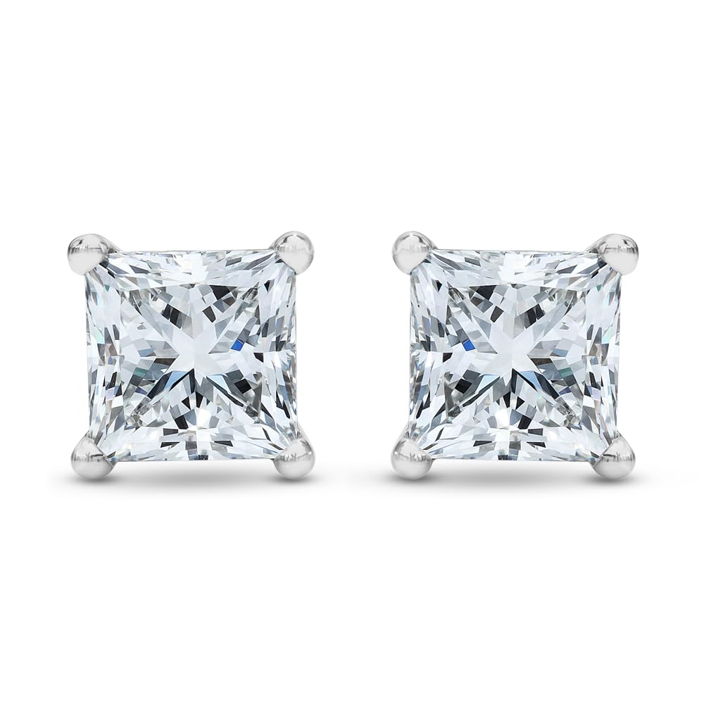 Houston Diamond District 1/2 Carat 14K White Gold Solitaire Stud Earrings Princess Cut 4 Prong Push Back (G-H Color, I1 Clarity)
