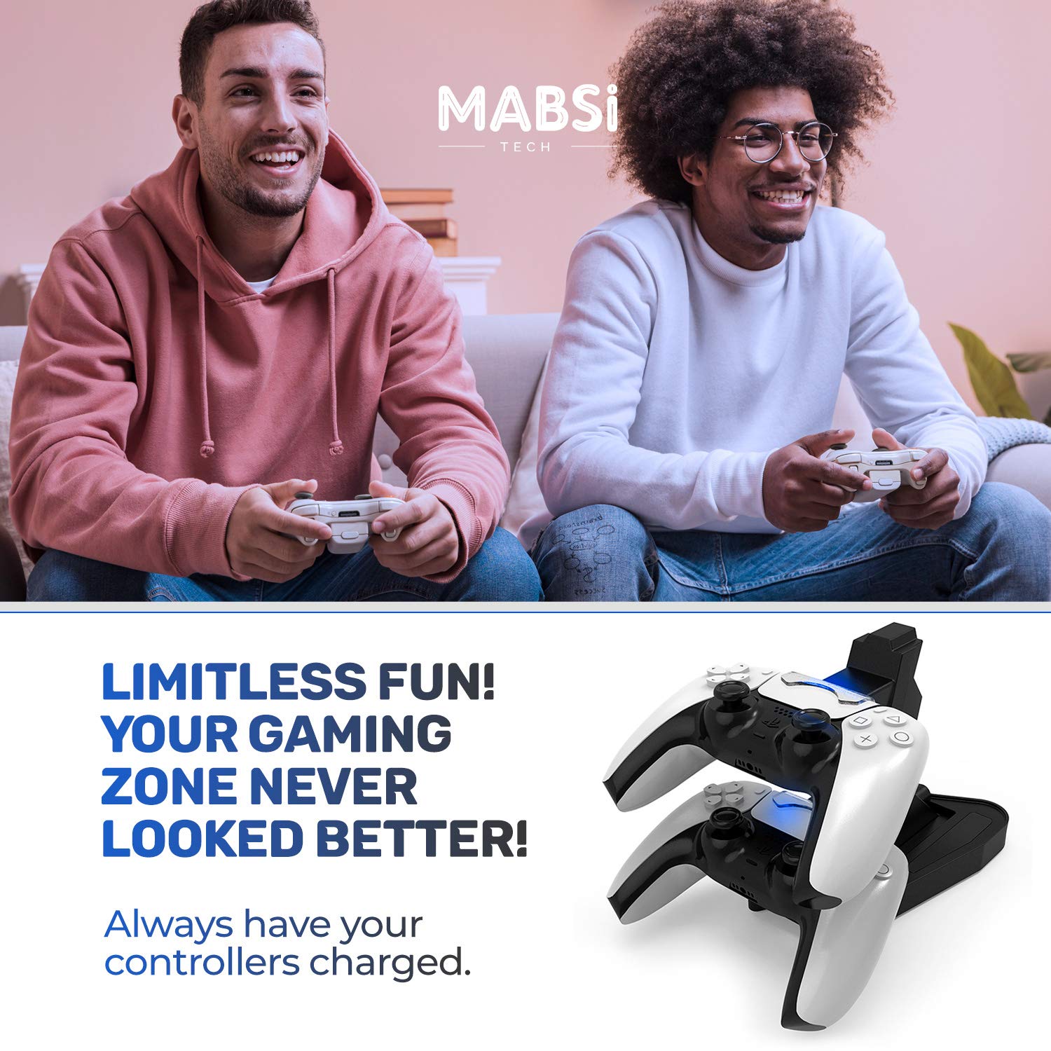 Mabsi Tech PS5 Dual Controller Charger, Charging Dock for PlayStation 5 / PS5 Fast Charging Station with LED Indicator - PS5 Accesories