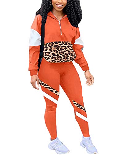 KOOBETON Womens 2 Piece Animal Print Outfits 1/4 Zipper Jacket Sweatpants Jogger Tracksuits Orange L