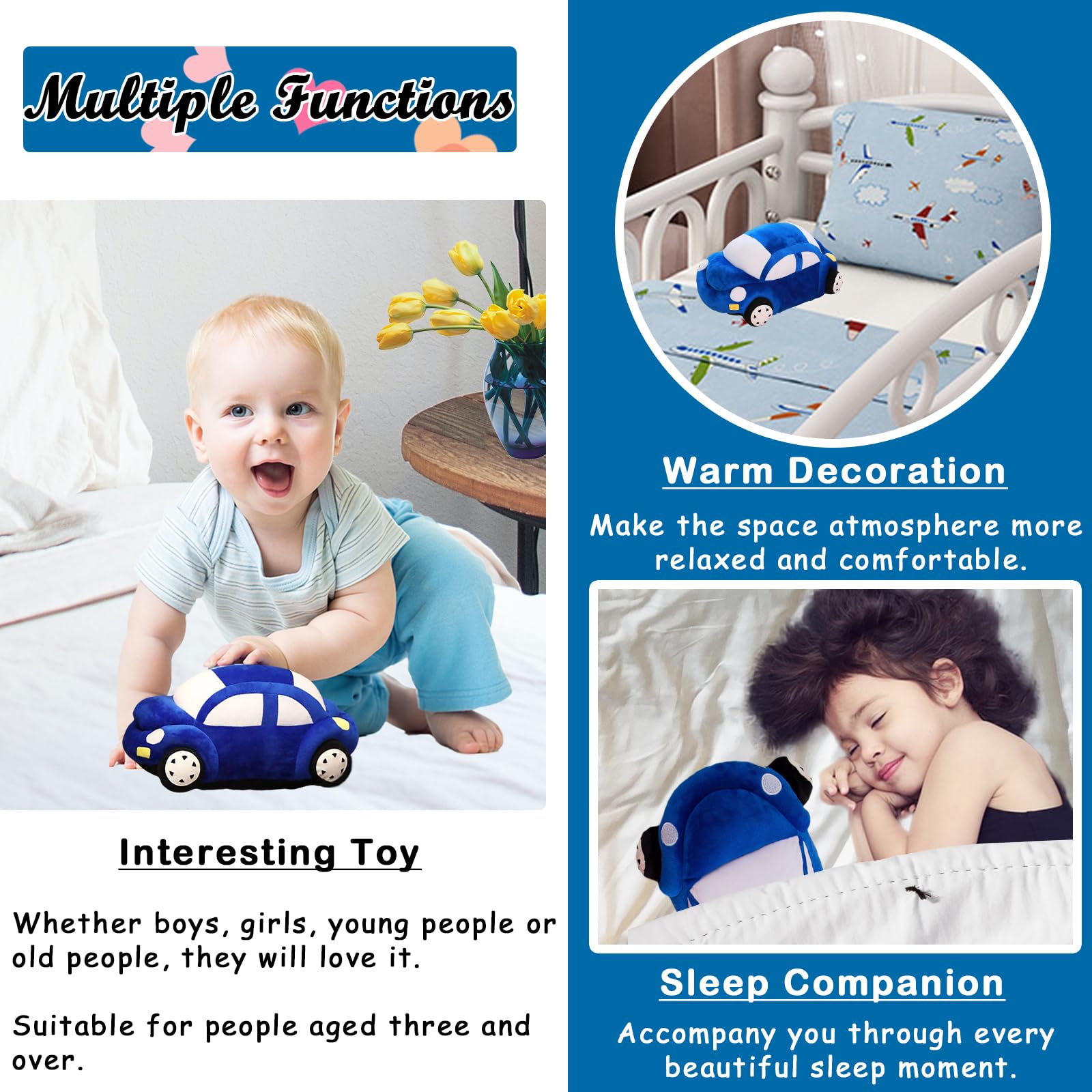 zhidiloveyou Car Plush Blue Stuffed Car Shaped Pillow Cute Toy Decor Gifts for Kids 11.8 inch