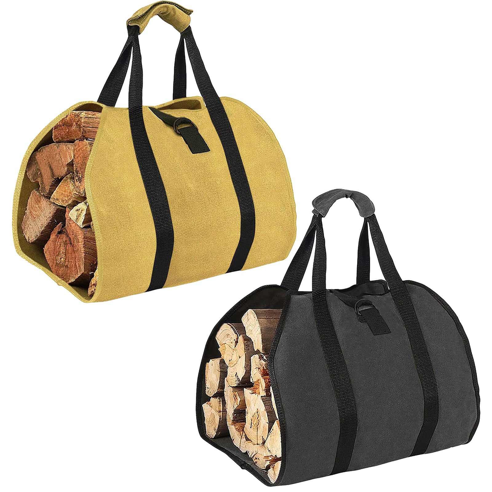 Rionaty 2 Pcs Firewood Carrier - Waxed Canvas Tote Bag, Extra Large Water-Resistant Portable Wood Carrier for Firewood Stove Indoor Outdoor Camping Trip (Brown and Black)