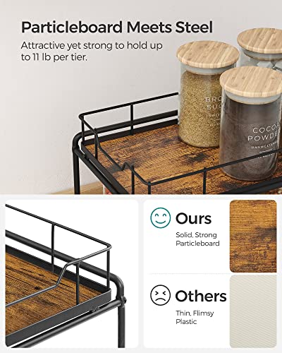 SONGMICS Spice Rack Organizer, Countertop Organizer for Bathroom Kitchen, 2 Tier Space-Saving Counter Shelf with Slide Out Basket Drawers, 14.6 x 11 x 12.6 Inches, Rustic Brown and Black