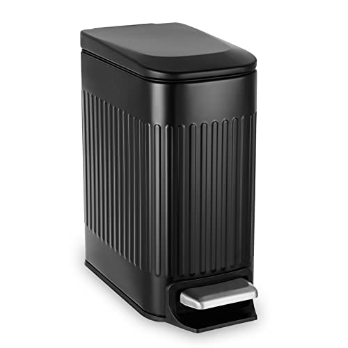 TrashAid Small Black Bathroom Trash Can with Lid Soft Close, 6 Liter / 1.6 Gallon, Stainless Steel Garbage Can with Removable Inner Bucket, Step Pedal, Slim Wastebasket for Toilet, Office, Bedroom
