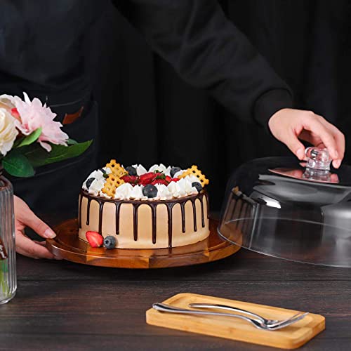 Rotating Cake Stand with Clear Acrylic Dome Lid, Turntable Base, Display Server Tray for Kitchen,Birthday Parties,Weddings,Baking Gifts,Acacia Wood Lazy Susan with Cover