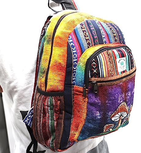 Unique Mushroom Embroidered Tie Dye Himalaya Hemp Hippie Backpack Festival Backpack Hiking FAIR TRADE Handmade with Love. (LARGE)