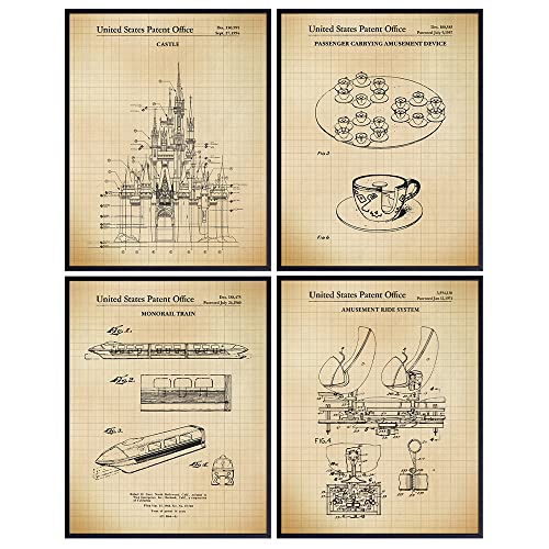 Rides Patent Art Prints - Vintage Wall Art Poster Set - Chic Rustic Home Decor for Boys, Girls, Teens, Kids Room - Gift for Mickey Fans, 8x10 Photos Unframed