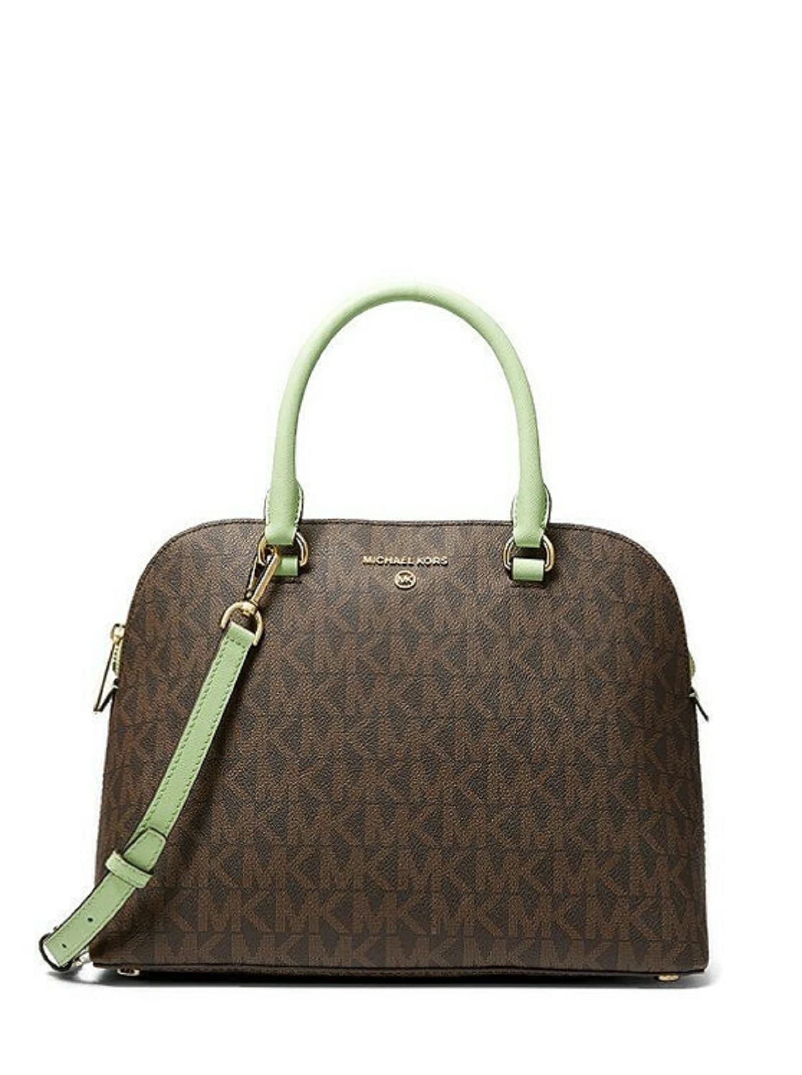 Michael Kors Cindy Medium Logo and Leather Satchel (Aloe/Brown)