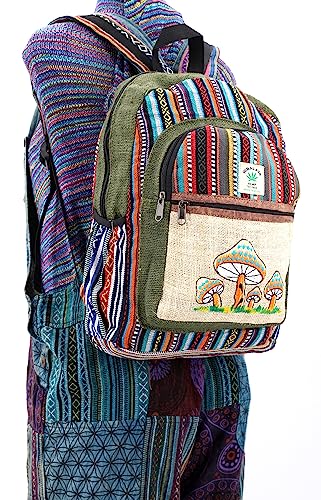 Unique Mushroom Embroidered Tie Dye Himalaya Hemp Large Hippie Backpack Festival Backpack FAIR TRADE Handmade with Love. (GREEN)