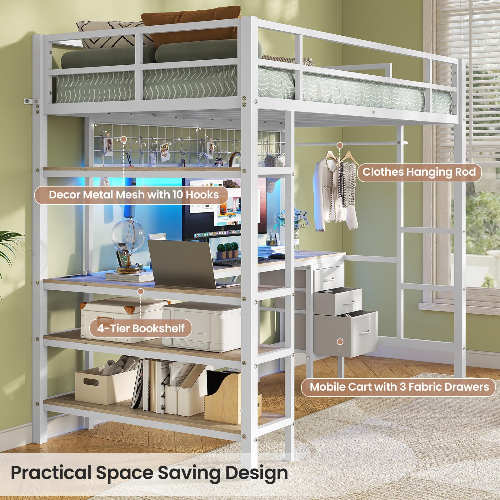 VIAGDO Loft Bed Twin Size with L-Shaped Desk, Charging Station and LED Lights, Twin Loft Bed with 4-Tier Bookshelf and 3 Drawers, Clothes Rail, Safety Guardrail&Ladder, No Box Spring Needed, White