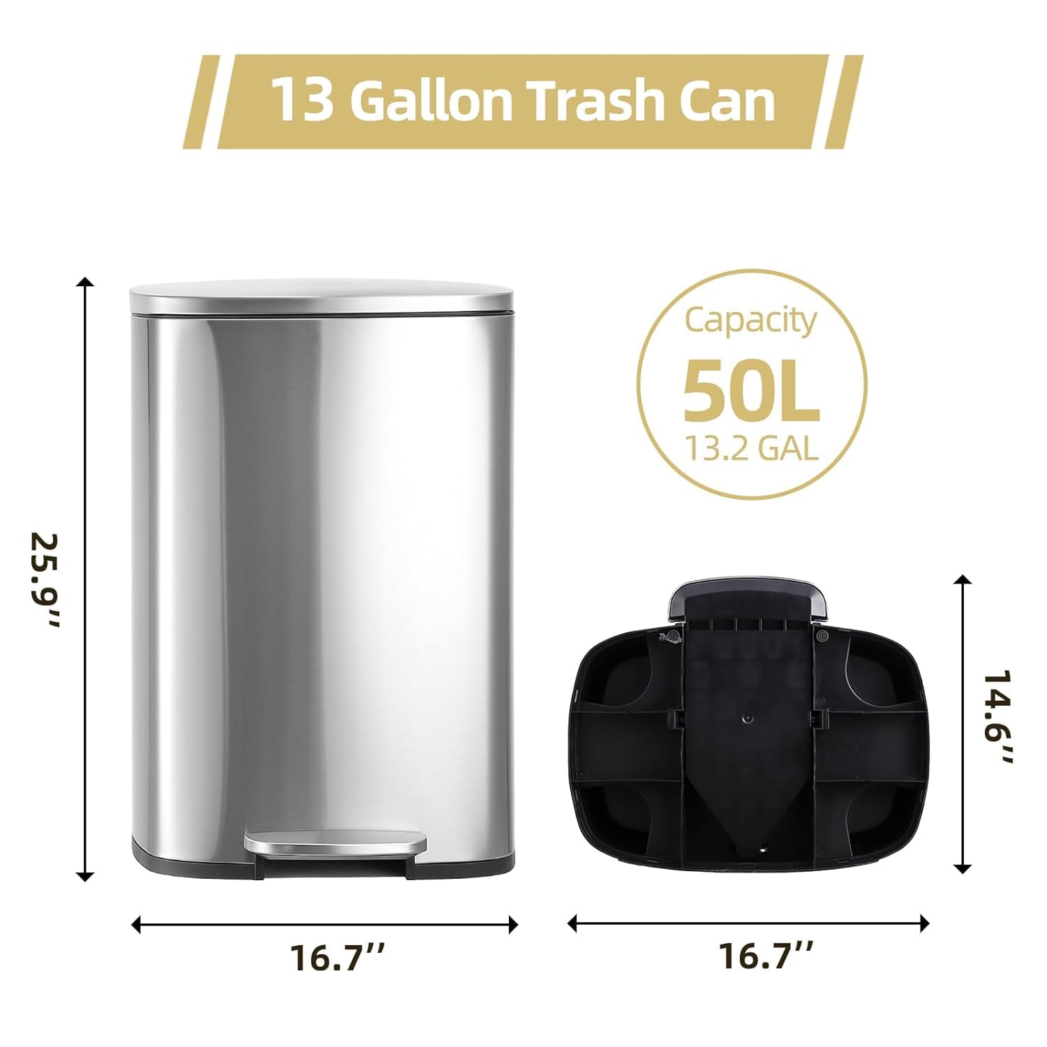 WELYFE 50L/13 Gallon Step Trash Can, Kitchen Garbage Can, Commercial Kitchen Trash Can with Soft Close Lid, Foot Pedal and Removable Inner Bucket, Semi-Round