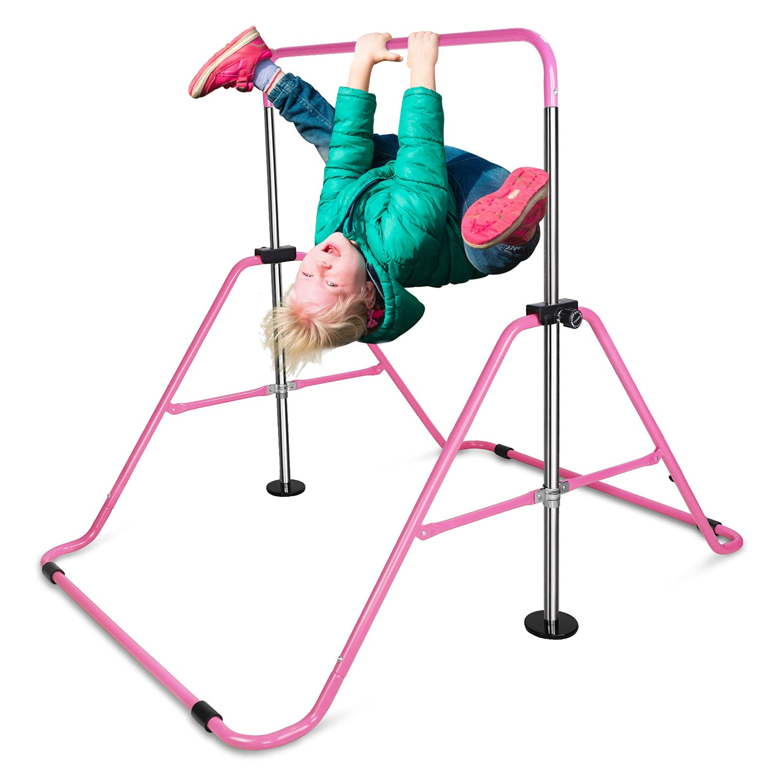 KL KLB Sport Expandable Gymnastics Bars Kids Junior Kip Training Bars Equipment for Home, Folding Height Adjustable Horizontal Bars for 3-7 Years Old (Pink)