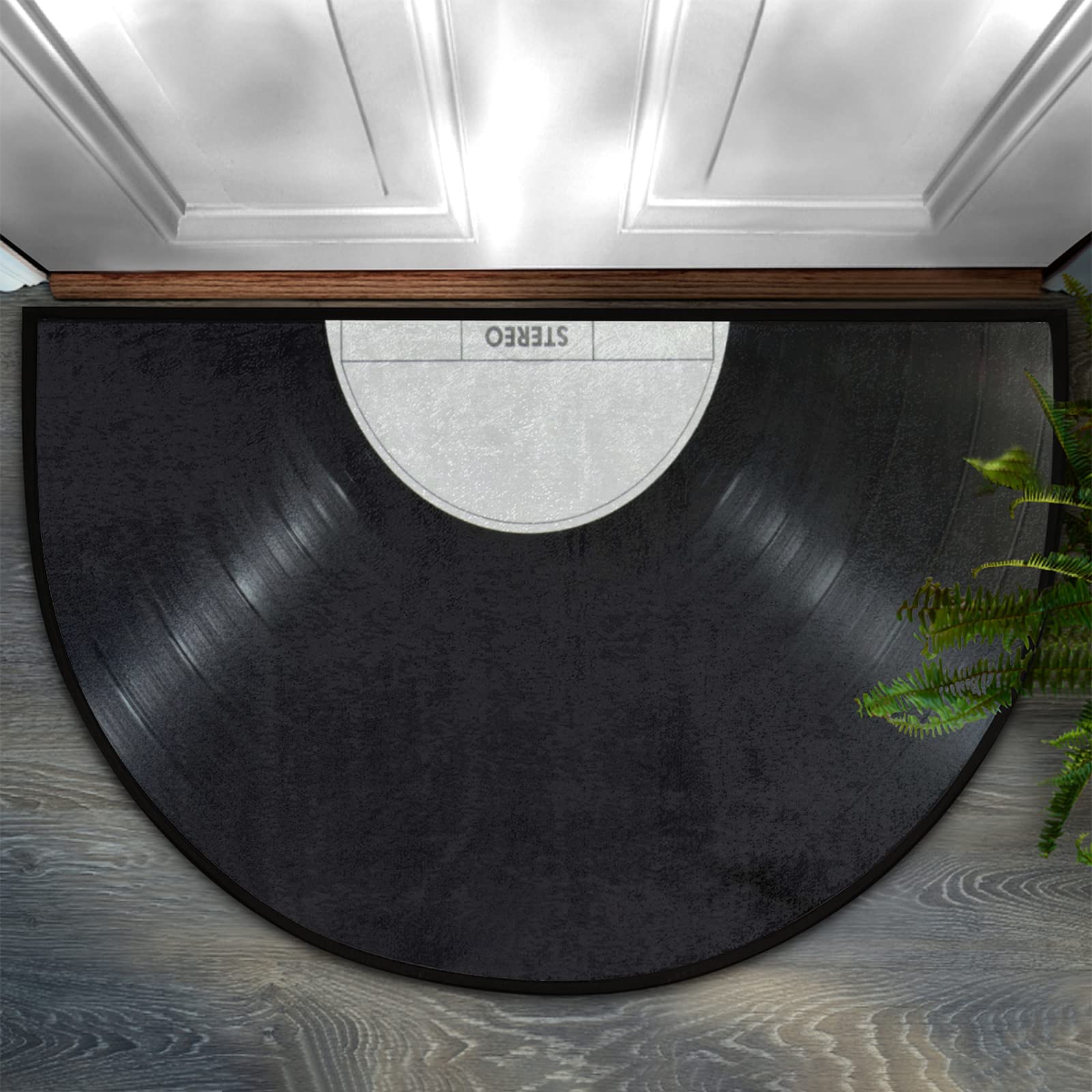 Vinyl Records Pattern Half Round Door Mat Indoor Entrance, Music Records Non Slip Absorbent Doormats, 24x16 Wear Resistant Semi Circle Floor Mats Area Rugs for Home Kitchen Patio