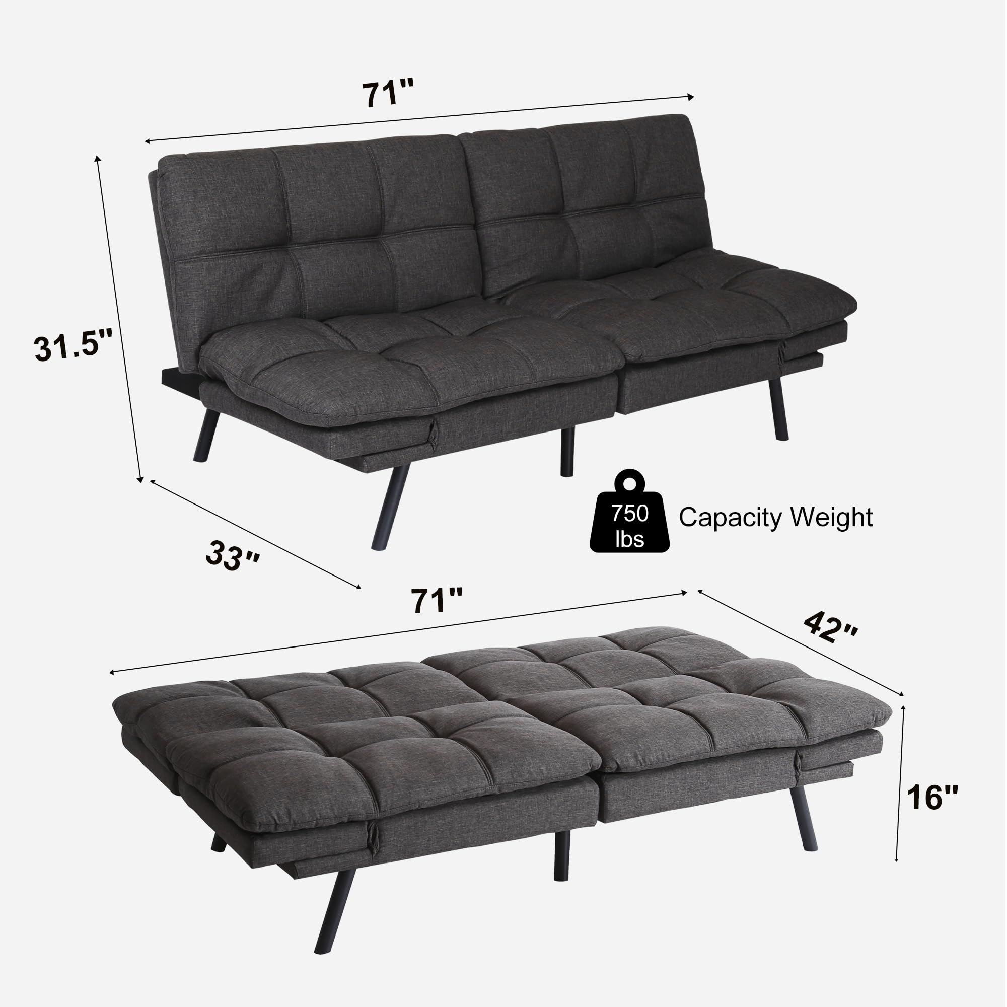 Xuanlur Futon Sofa Bed with Adjustable Backrests, Sleeper Couch with Adjustable Armrests, Convertible Sofa Couch Bed for Small Space,Apartment, Living Room, Grey